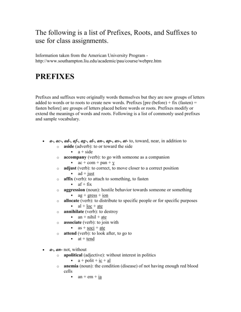 The Following Is A List Of Prefixes Roots And Suffixes To Use For Class The Following Is A List Of Prefixes Roots And Suffixes To Use For Class