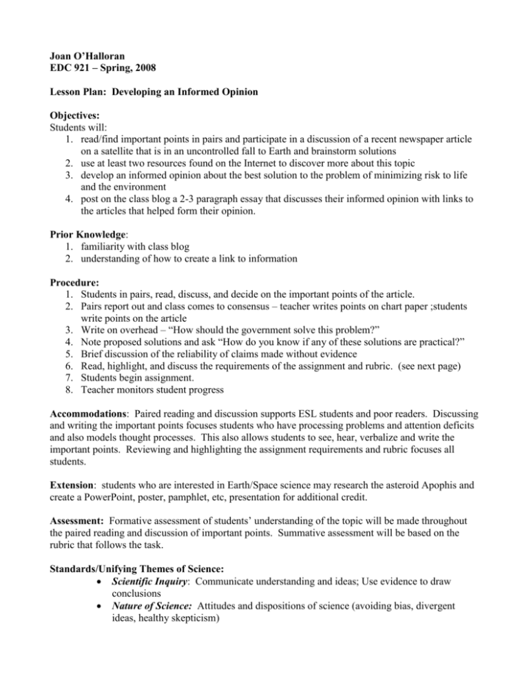 Lesson Plan Developing An Informed Opinion