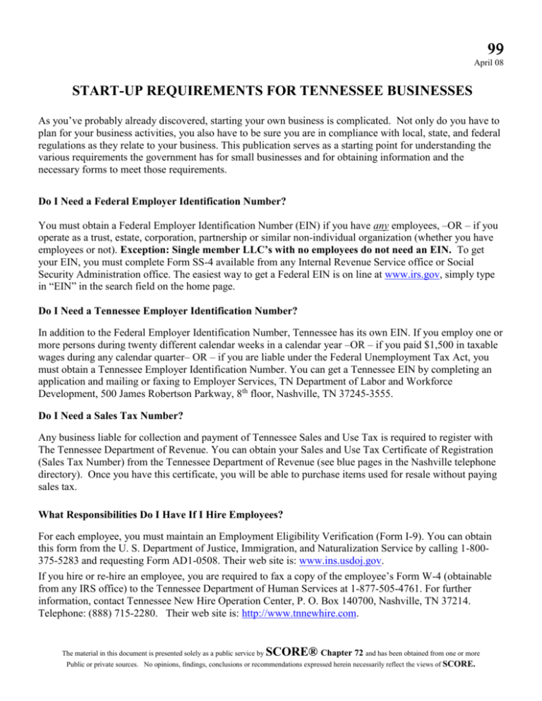 Start Up Requirements For TN Businesses Start Up Requirements For TN Businesses