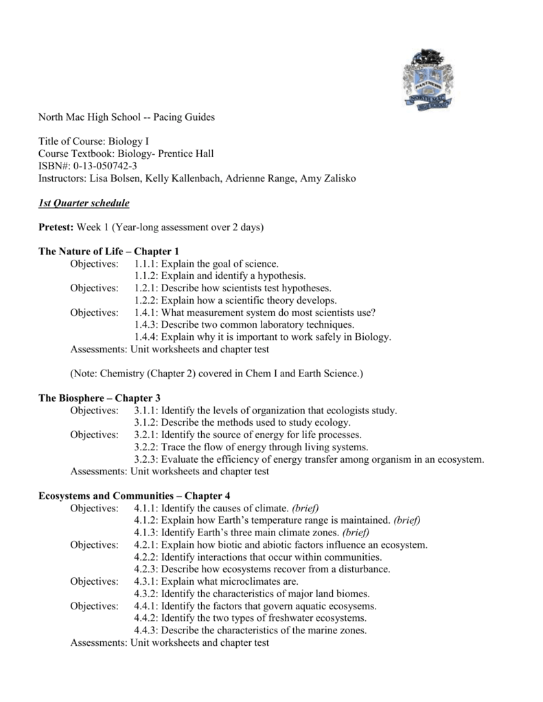 Biology I Pacing Guide