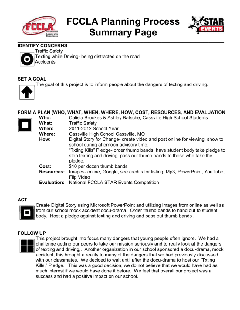 Fccla Planning Process Summary Page
