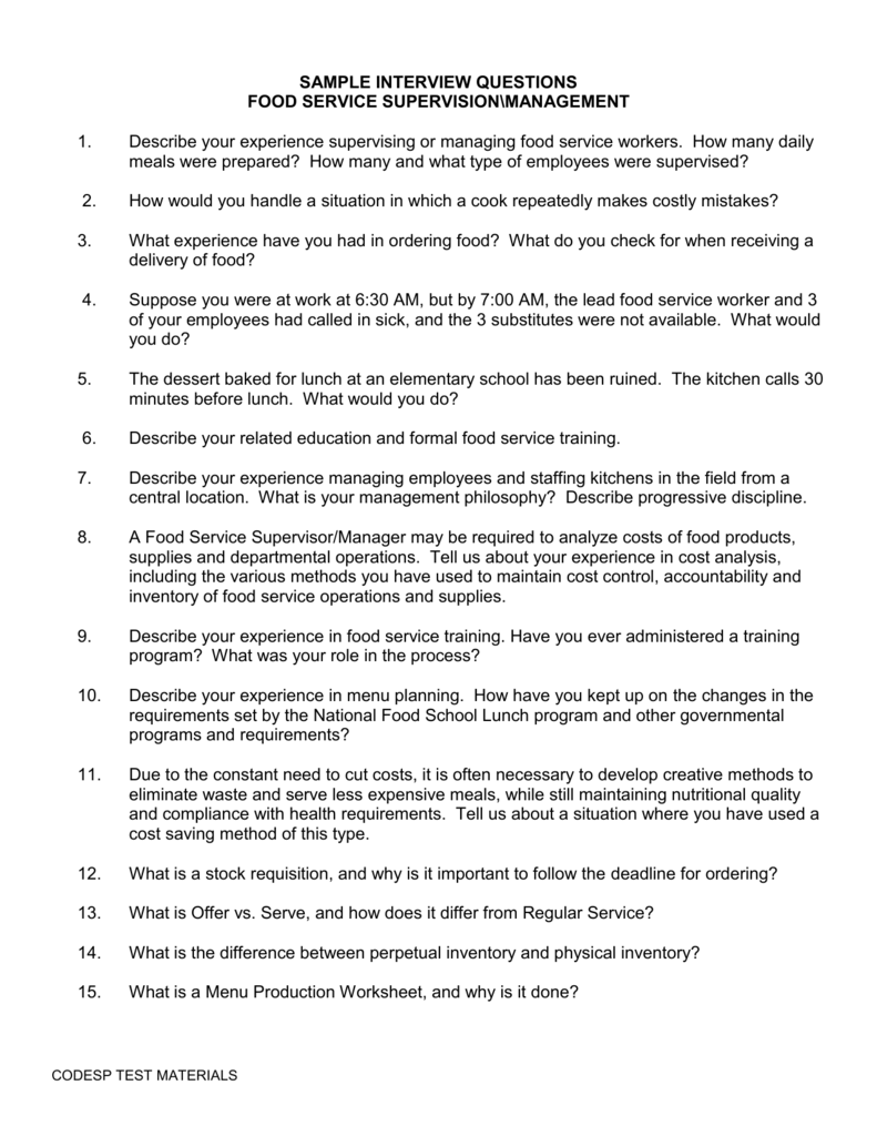 Sample Food Service Supervision management Interview Sample Food Service Supervision management Interview