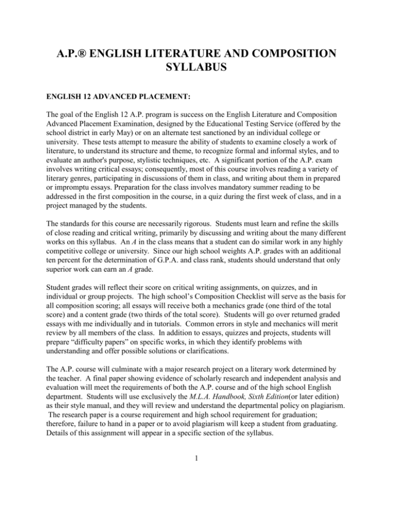 A P ENGLISH LITERATURE AND COMPOSITION SYLLABUS A P ENGLISH LITERATURE AND COMPOSITION SYLLABUS