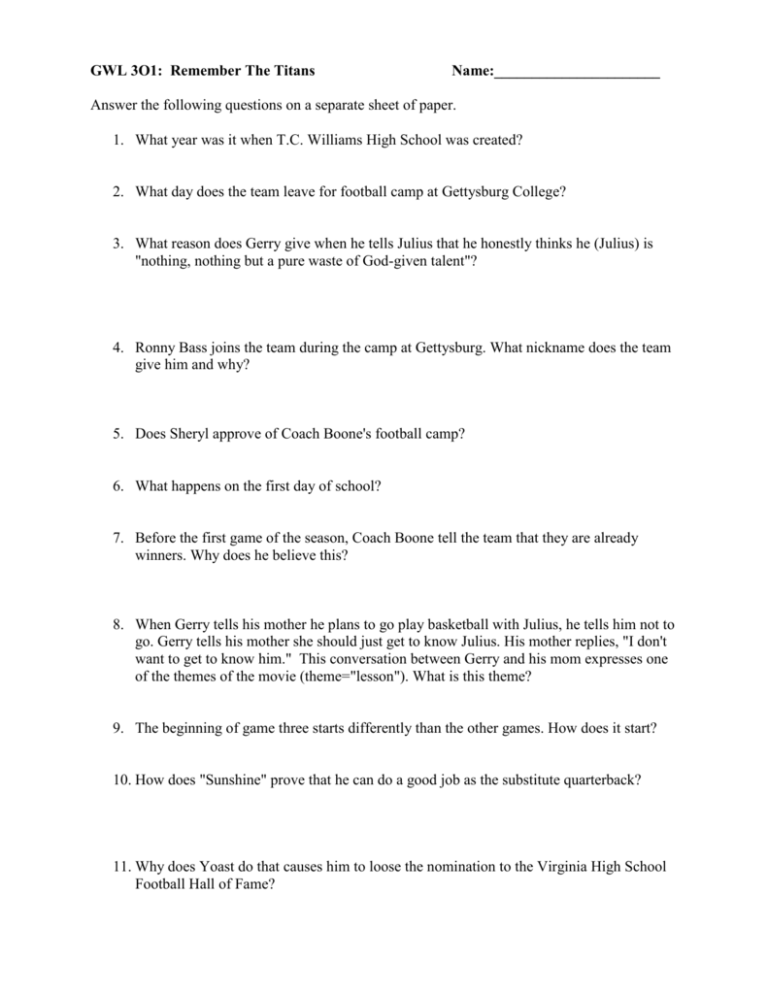 Remember the Titans Movie Worksheet: Analysis & Themes