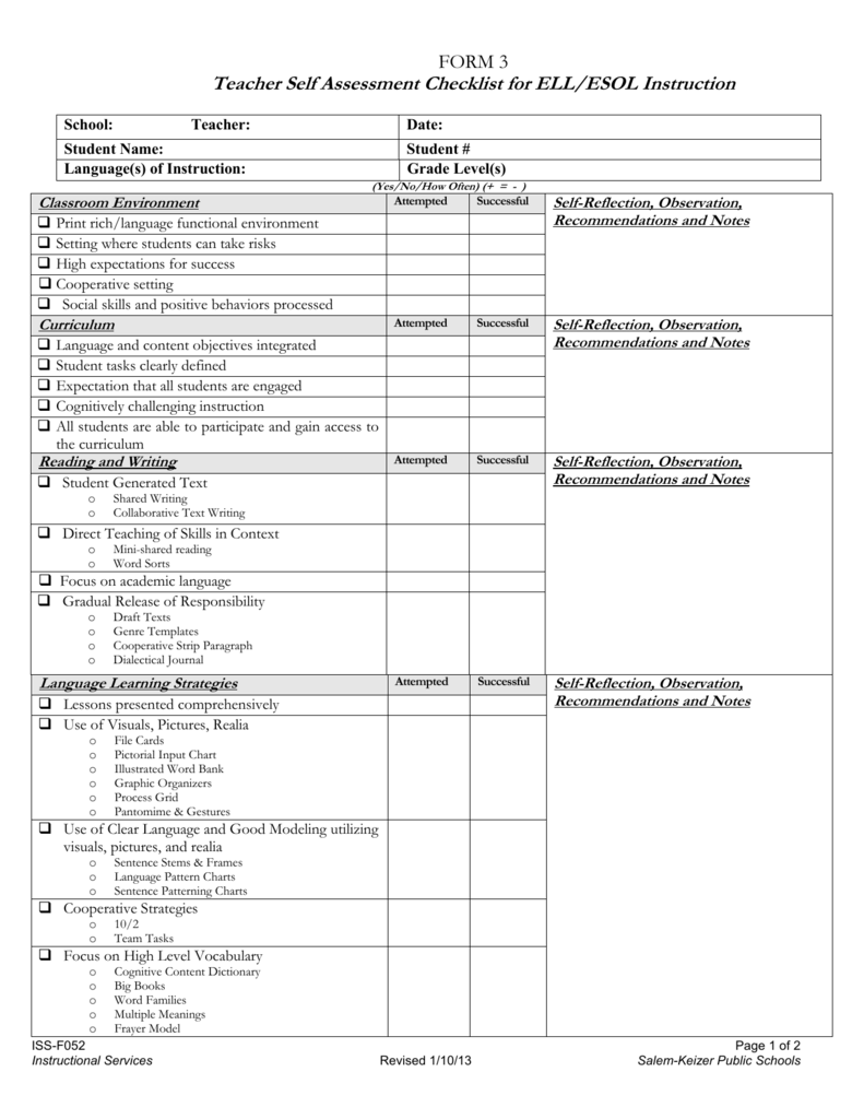 Teacher Self Assessment Checklist For A Sheltered Classroom