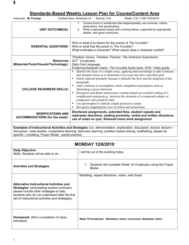 Standards Based Weekly Lesson Plan For Course Content Area