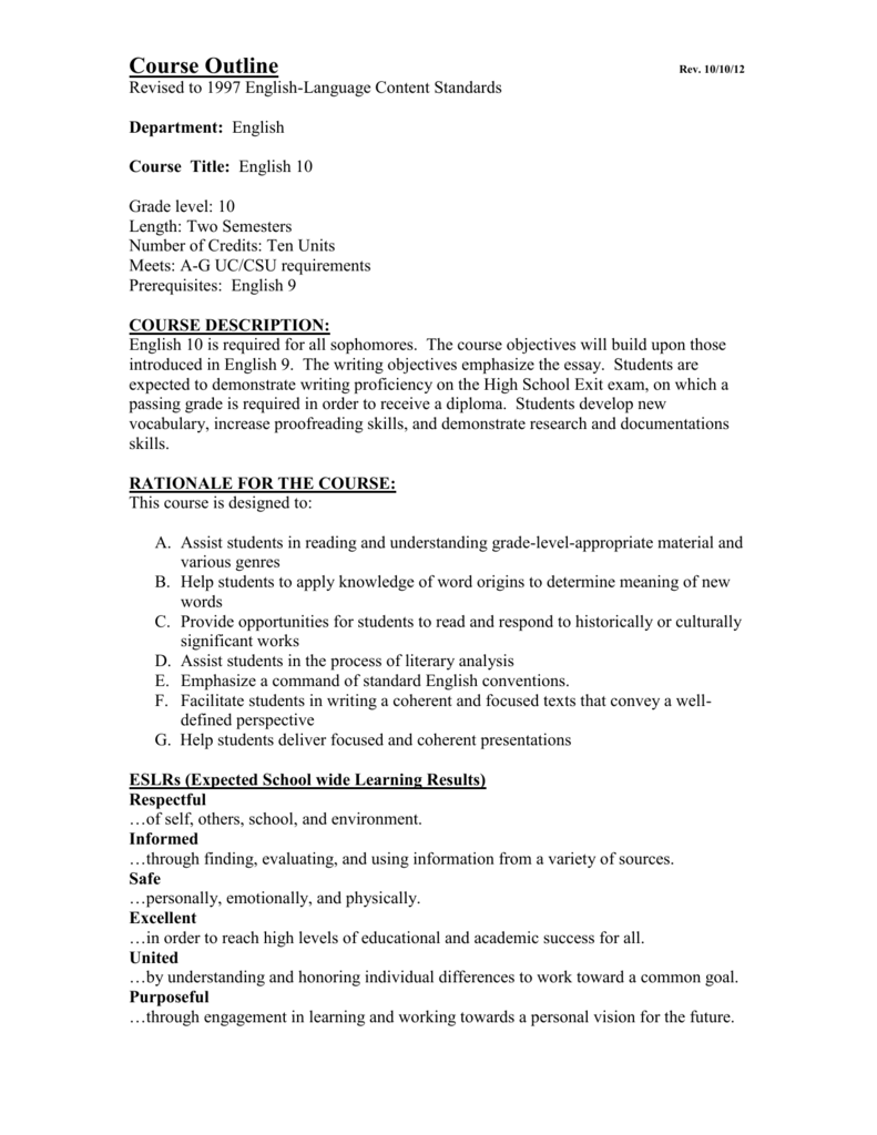 Course Outline Paradise High School