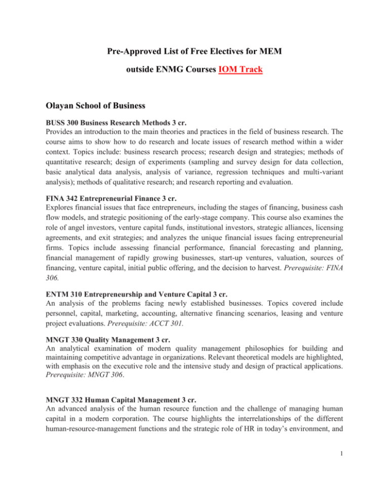 Pre Approved List Of Free Electives For MEM Pre Approved List Of Free Electives For MEM