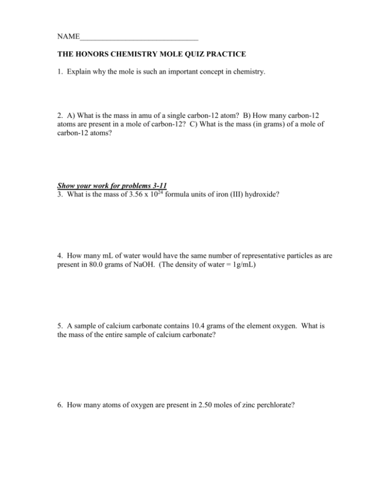 The Honors Chemistry Mole Quiz Practice The Honors Chemistry Mole Quiz Practice