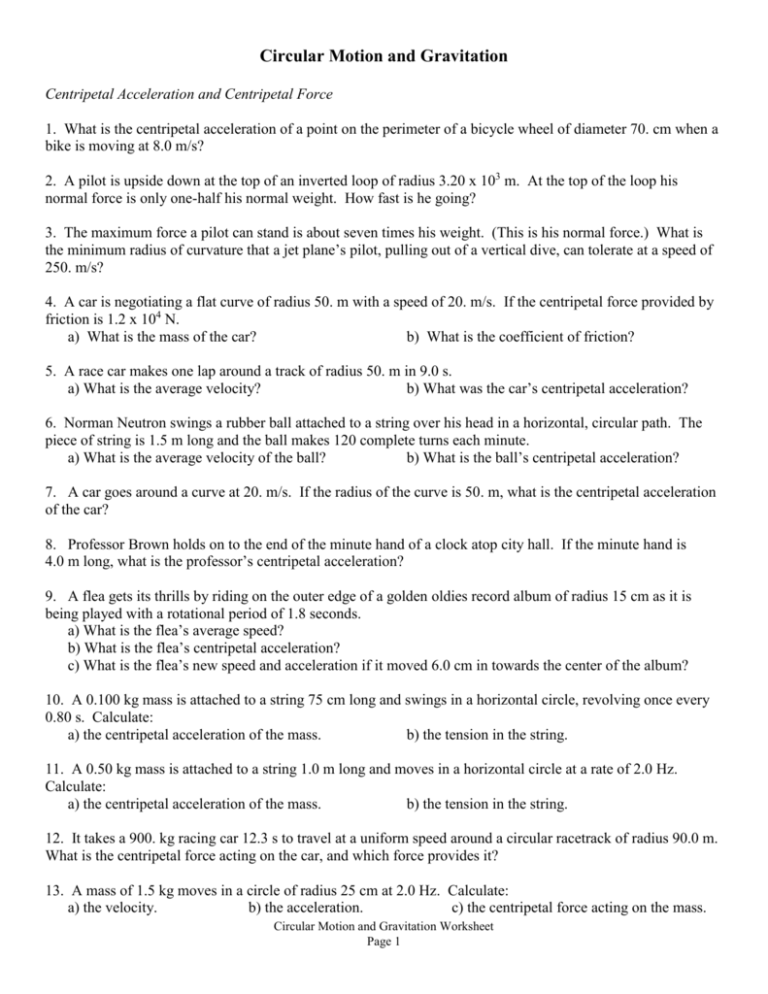 Centripetal Acceleration And Centripetal Force Problems Centripetal Acceleration And Centripetal Force Problems