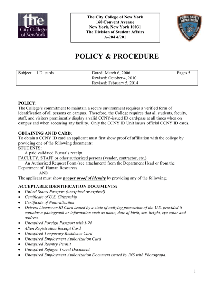 ID Card Policy The College Of New York