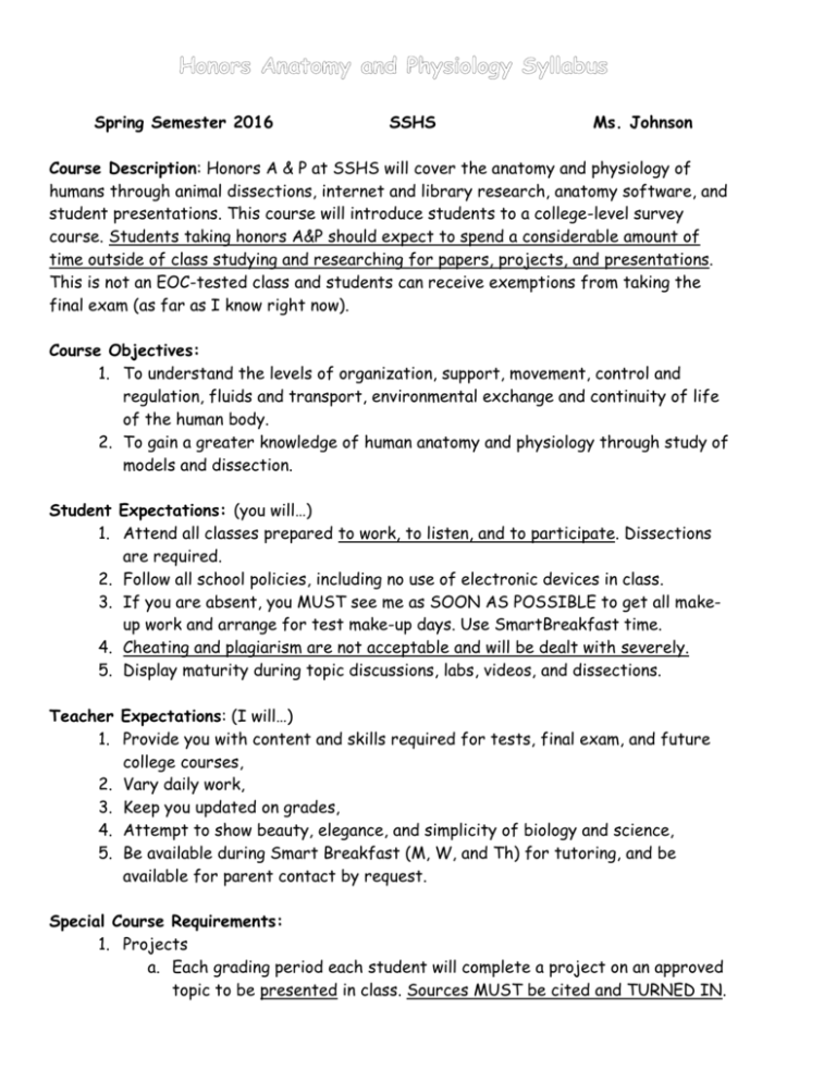 Honors Anatomy And Physiology Syllabus