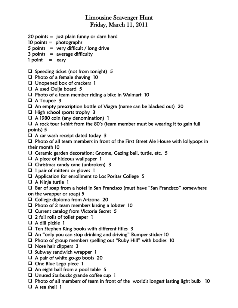 Scavenger Hunt List Club Resort Business