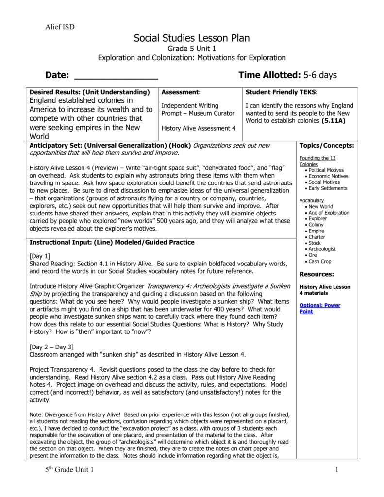 Social Studies Lesson Plans For 1st Grade