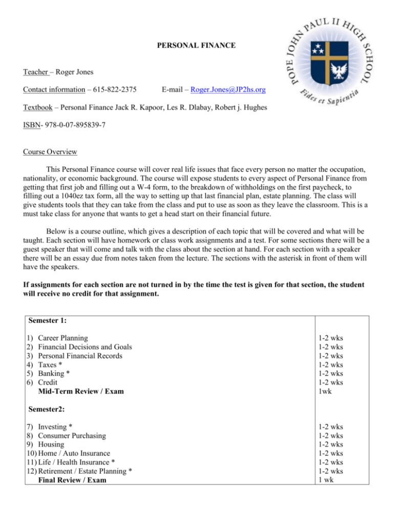 PERSONAL FINANCE COURSE OUTLINE
