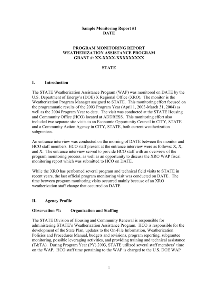 Sample Program Monitoring Report