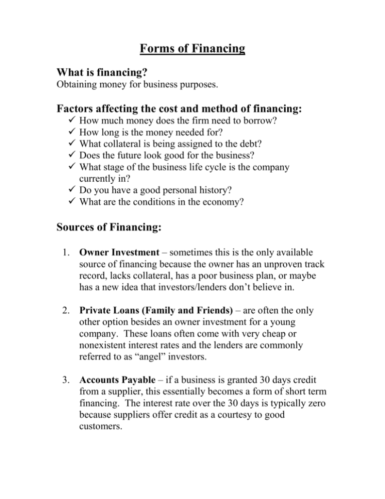 Forms Of Financing