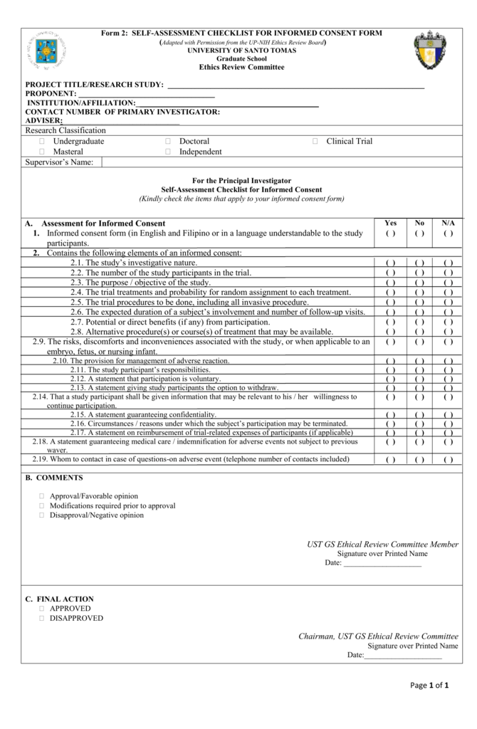 Self Assessment Form UST Graduate School
