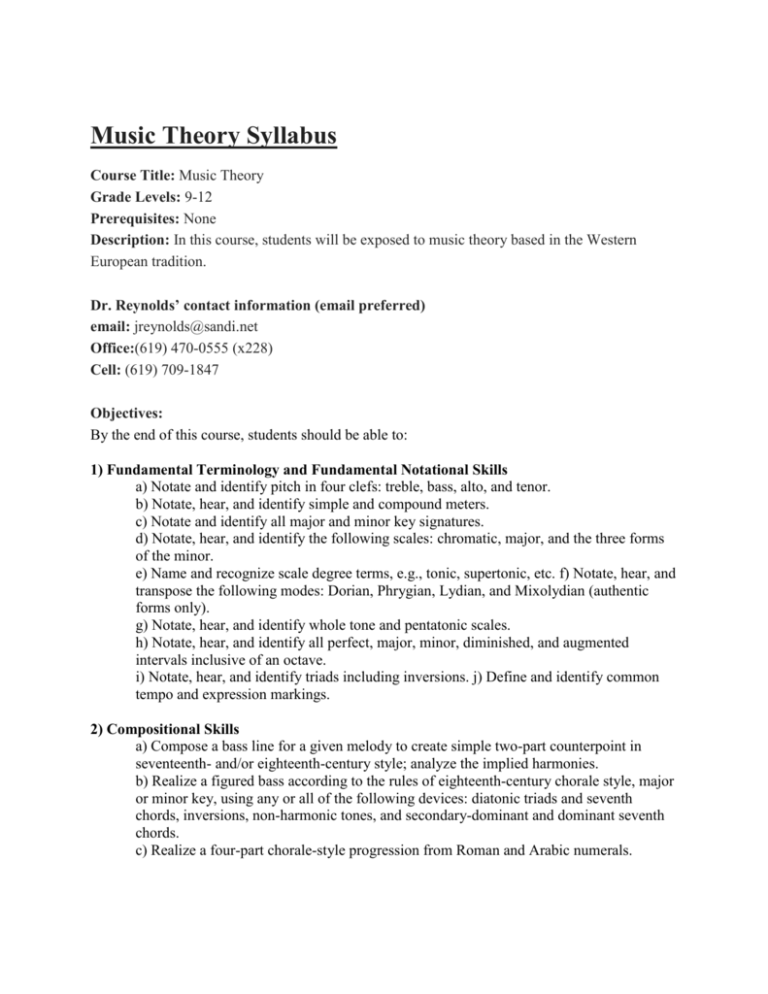 Music Theory Syllabus SCPA Music Department