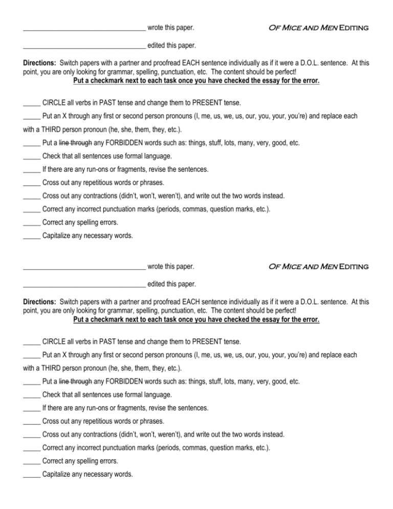 OMM Essay Requirement And Self Edit Worksheet