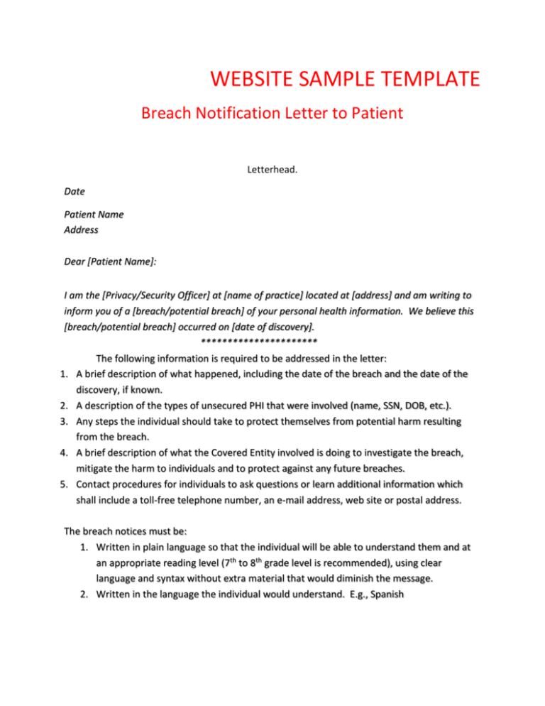 HIPAA Breach Notification letter to HIPAA Breach Notification letter to