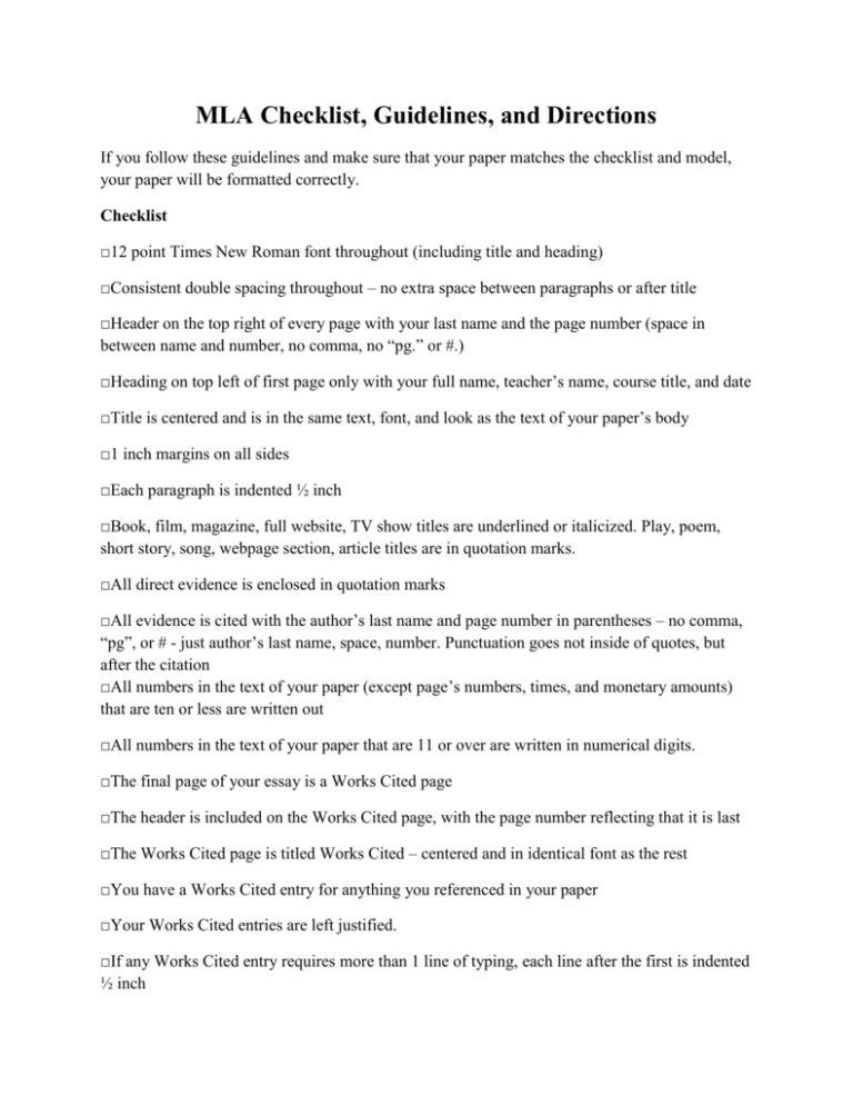 MLA Checklist Guidelines And Directions