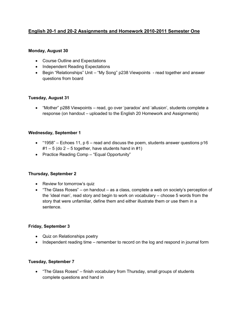 English 20 1 And 20 2 Homework Assignments 2010 Semester 1