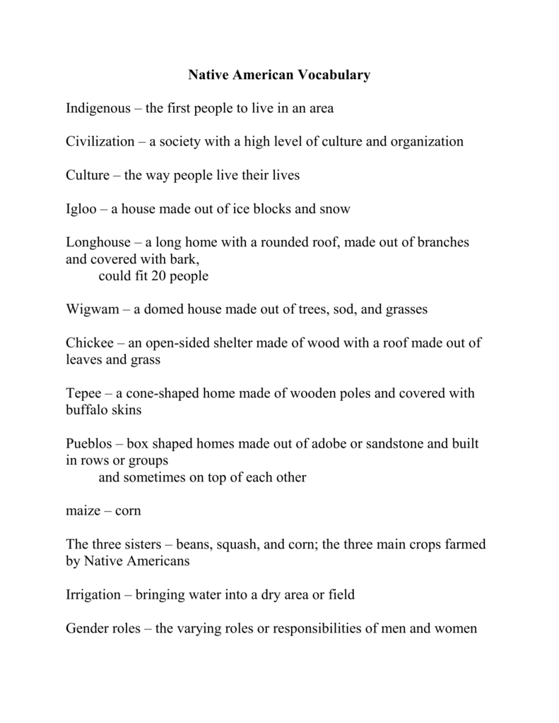 Native American Vocabulary Native American Vocabulary