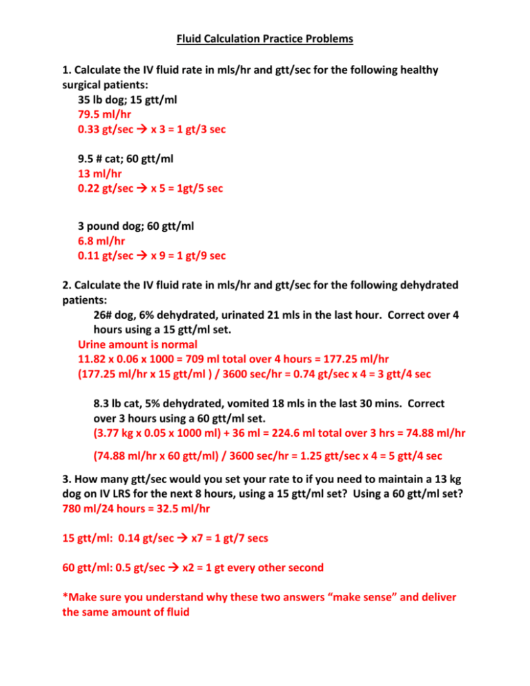 Fluid Calculation Practice Problems Calculate The IV Fluid Rate In Mls