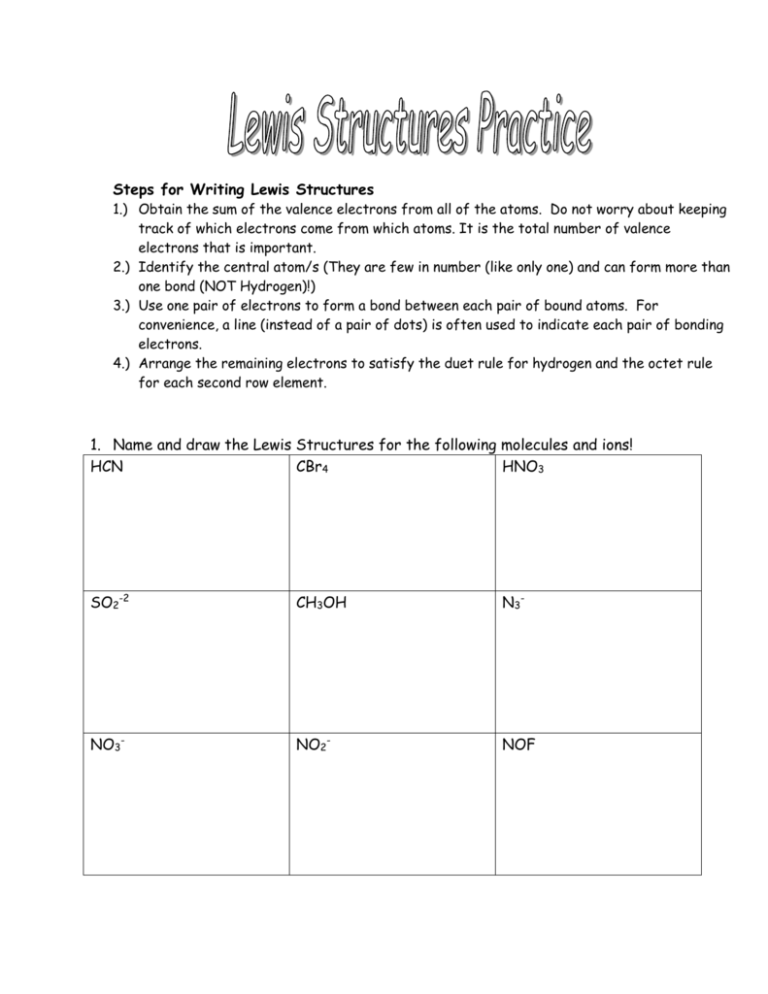 Lewis Structures Practice Steps For Writing Lewis Structures Obtain