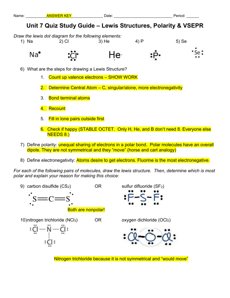 Unit 7 Quiz Study Guide Lewis Structures Polarity VSEPR