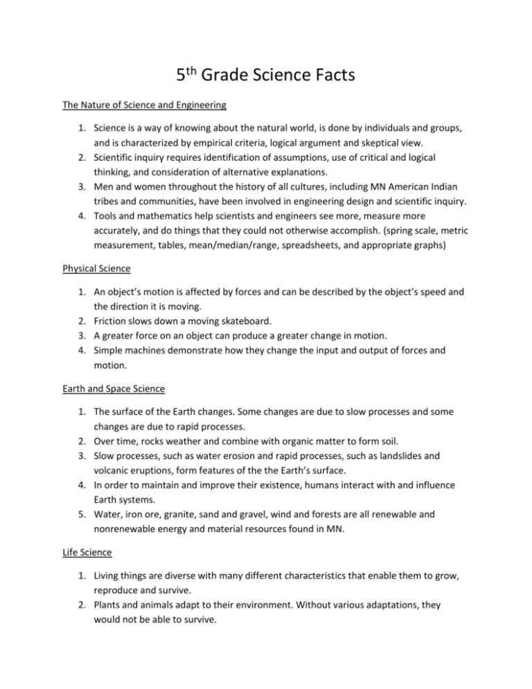 5th Grade Science Facts And Standards 5th Grade Science Facts And Standards