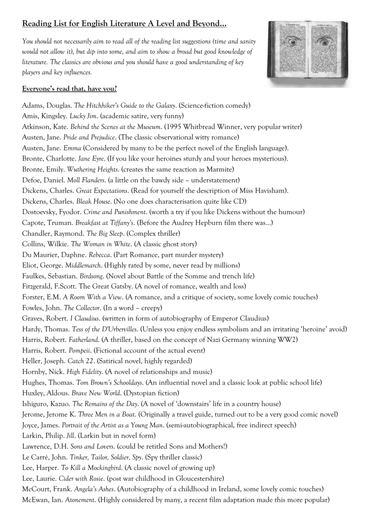 Reading List For English Literature A2 And Beyond