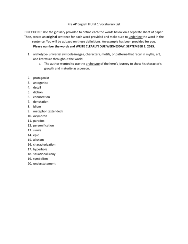 Pre AP English II Vocabulary List Pre AP English II Vocabulary List