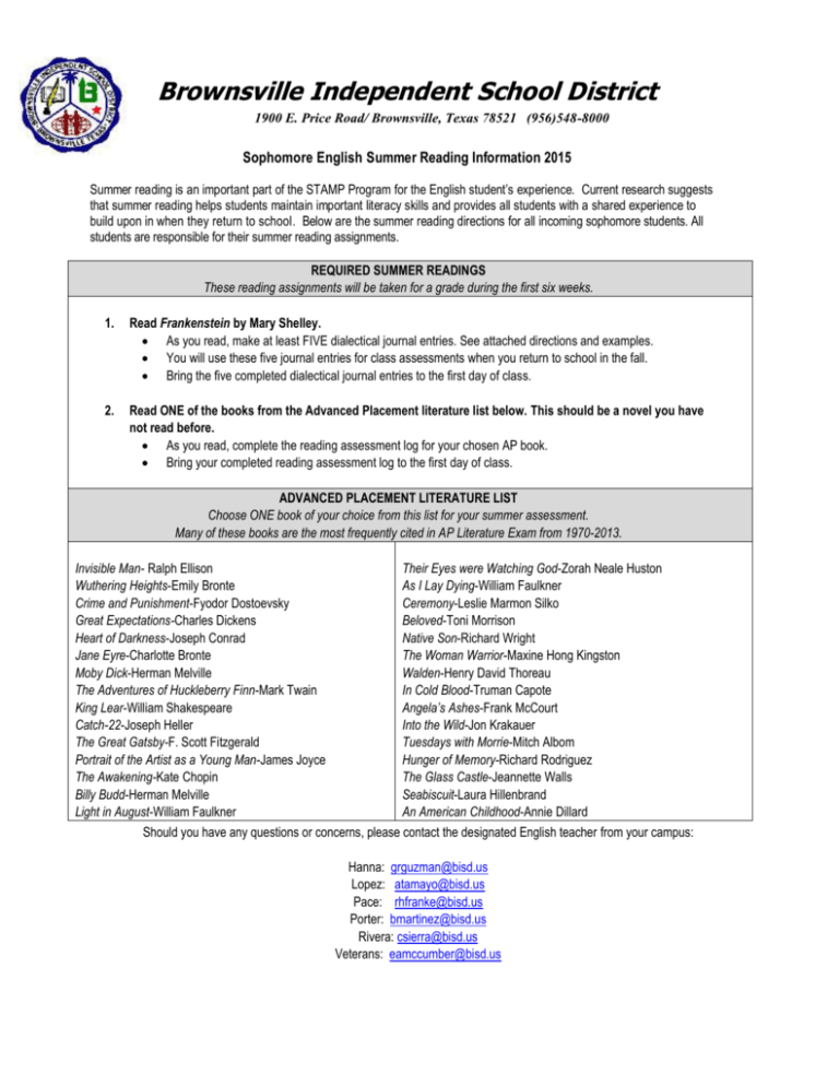 STAMP Summer Reading List 10th Grade STAMP Summer Reading List 10th Grade