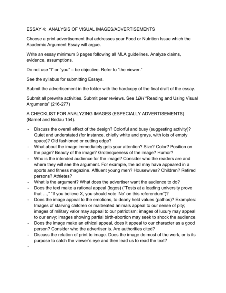 ESSAY 4 ANALYSIS OF VISUAL IMAGES ADVERTISEMENTS