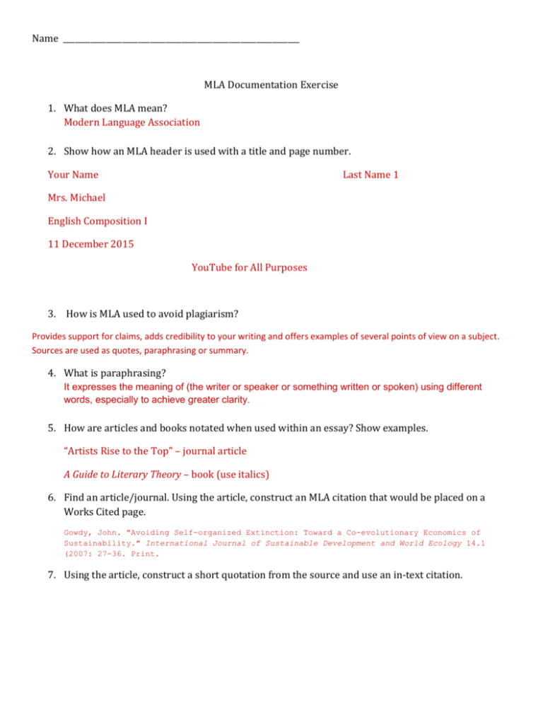 MLA Worksheet Practice ANSWERS