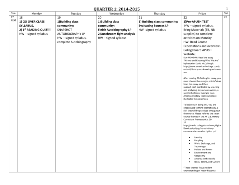 APUSH Qtr 1 2014 2015 Cornerstone Charter Academy