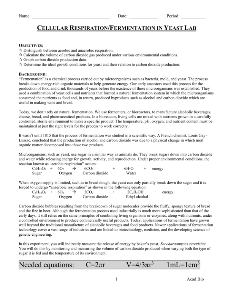 13 Academic Bio Cellular Respiration Of Yeast Lab