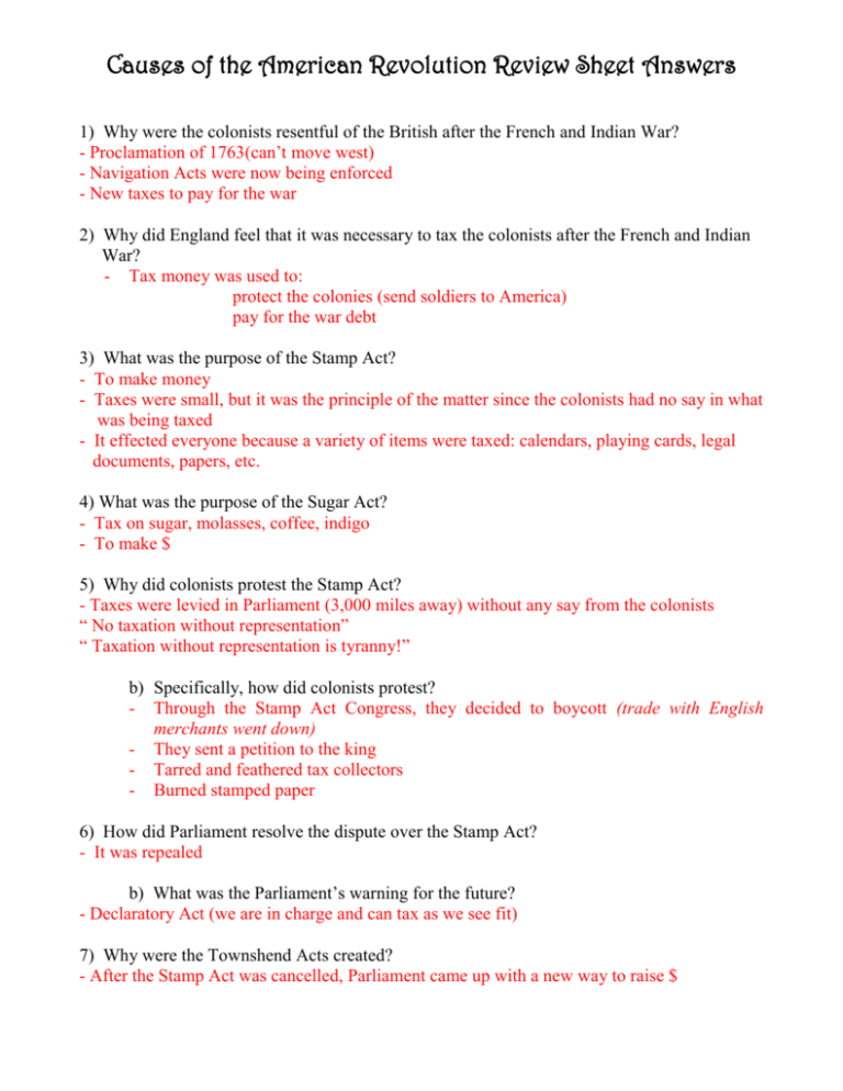 Causes Of The American Revolution Review Sheet Answers