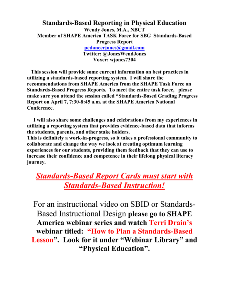 Standards-Based Physical Education Progress Report Template