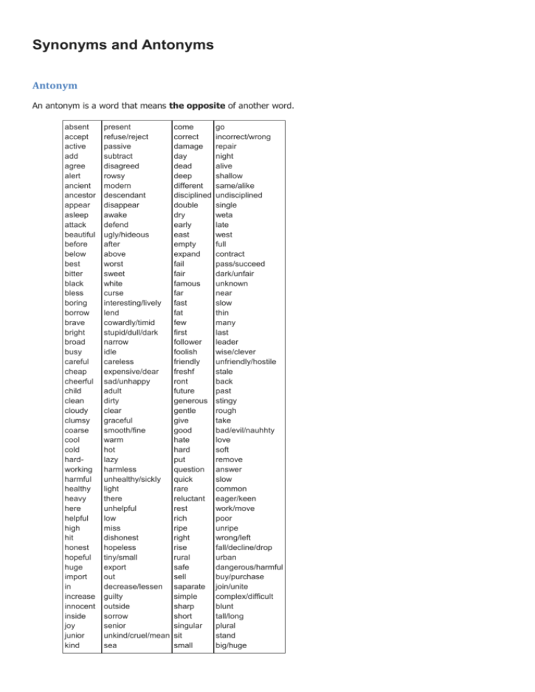 Synonyms And Antonyms Synonyms And Antonyms