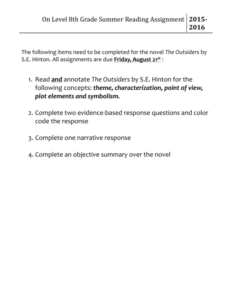 8th Grade OnLevel Summer Reading Assignments