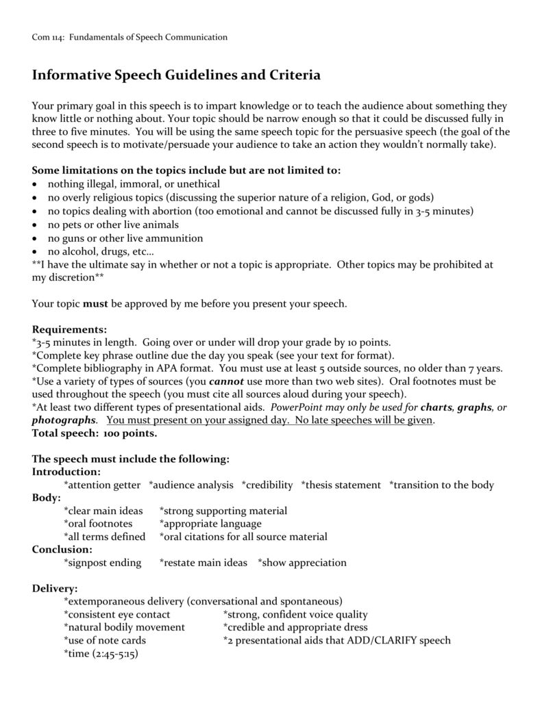 Informative Speech Guidelines And Criteria