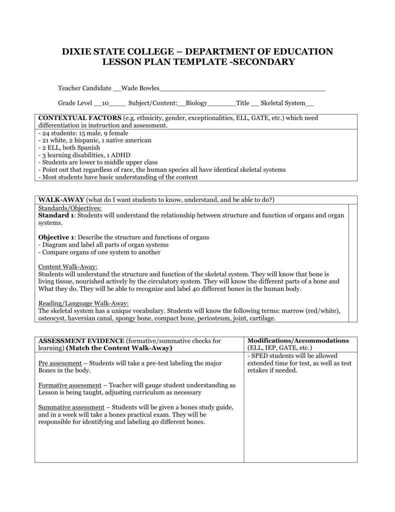 Skeletal System Lesson Plan Skeletal System Lesson Plan