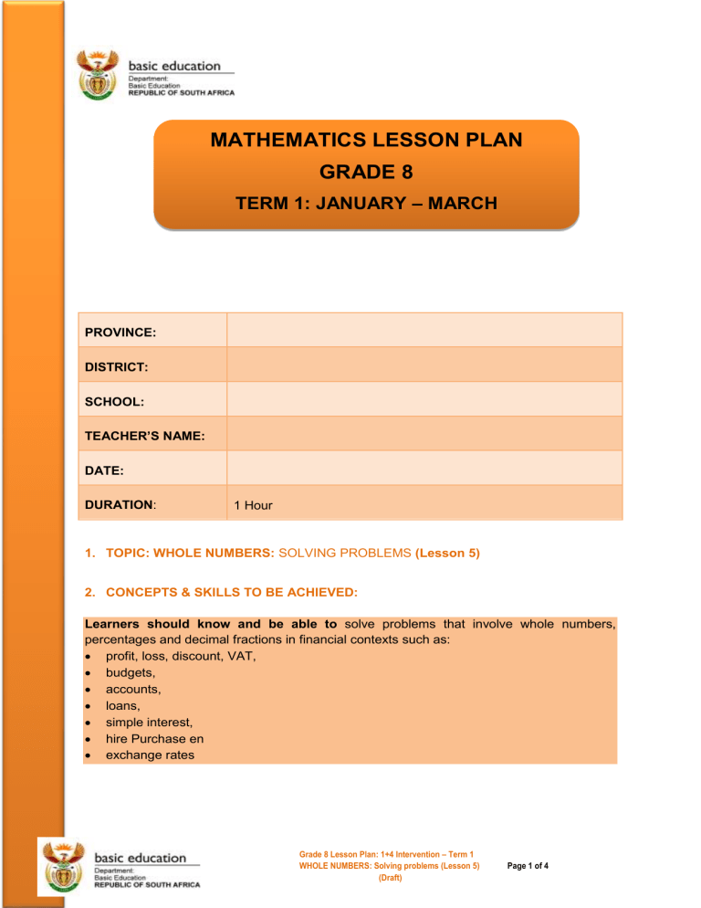 Mathematics Lesson Plan Grade 8 Term 1 January March Mathematics Lesson Plan Grade 8 Term 1 January March
