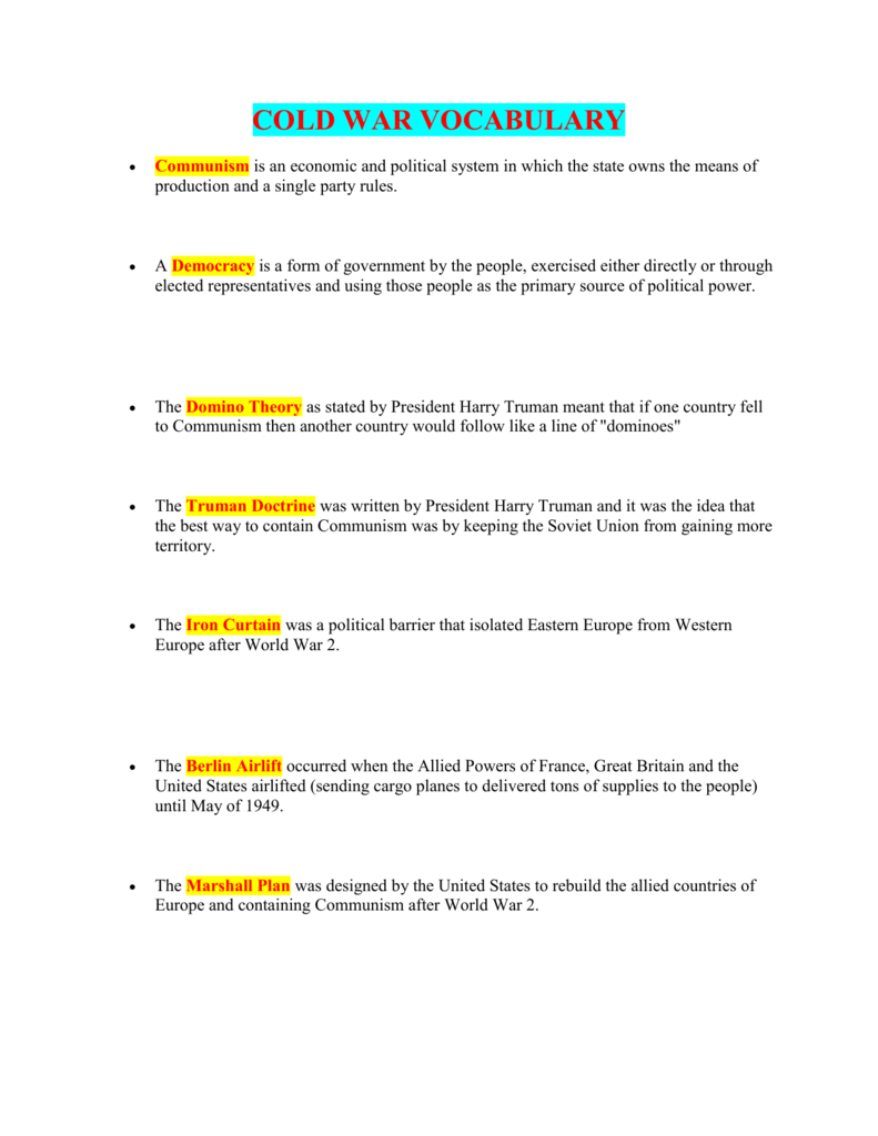 Cold War Vocabulary Cold War Vocabulary