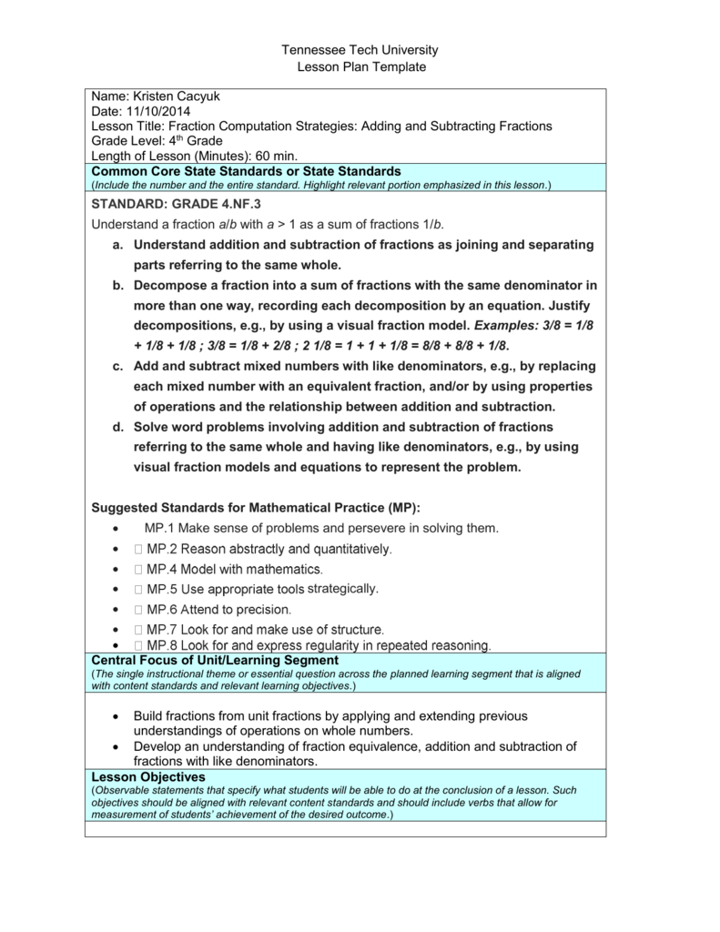 Math Lesson Plan ADD SUBTRACT Fractions