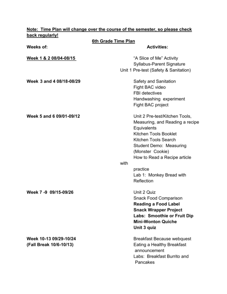 6th Grade Time Plan