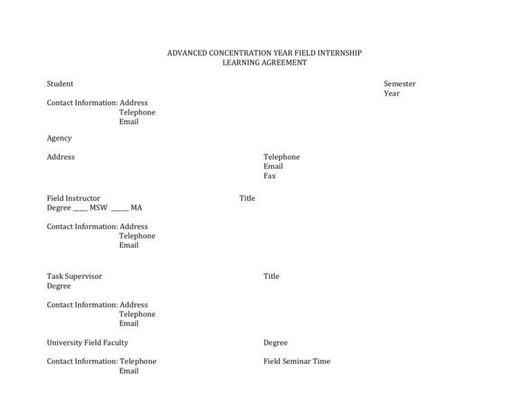 MSW Learning Agreement Advanced Standing Concentration Year